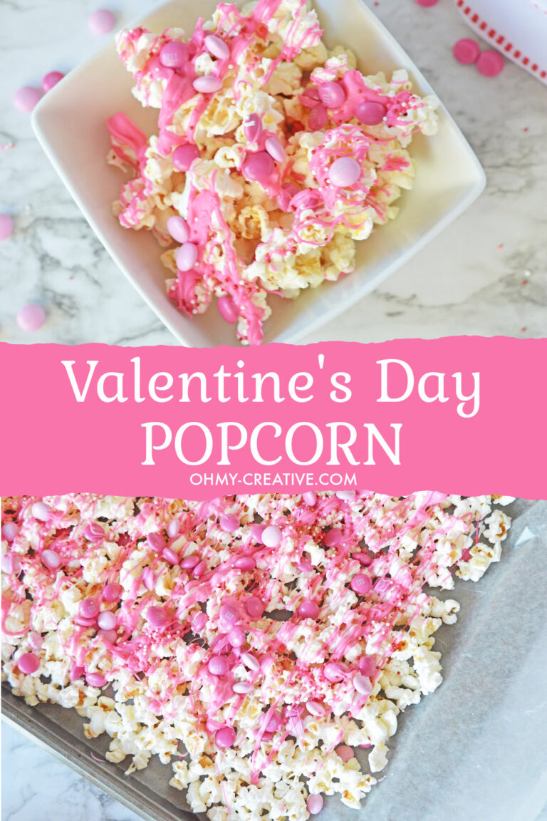 Valentine's Popcorn With Pink Chocolate Drizzle - Oh My Creative